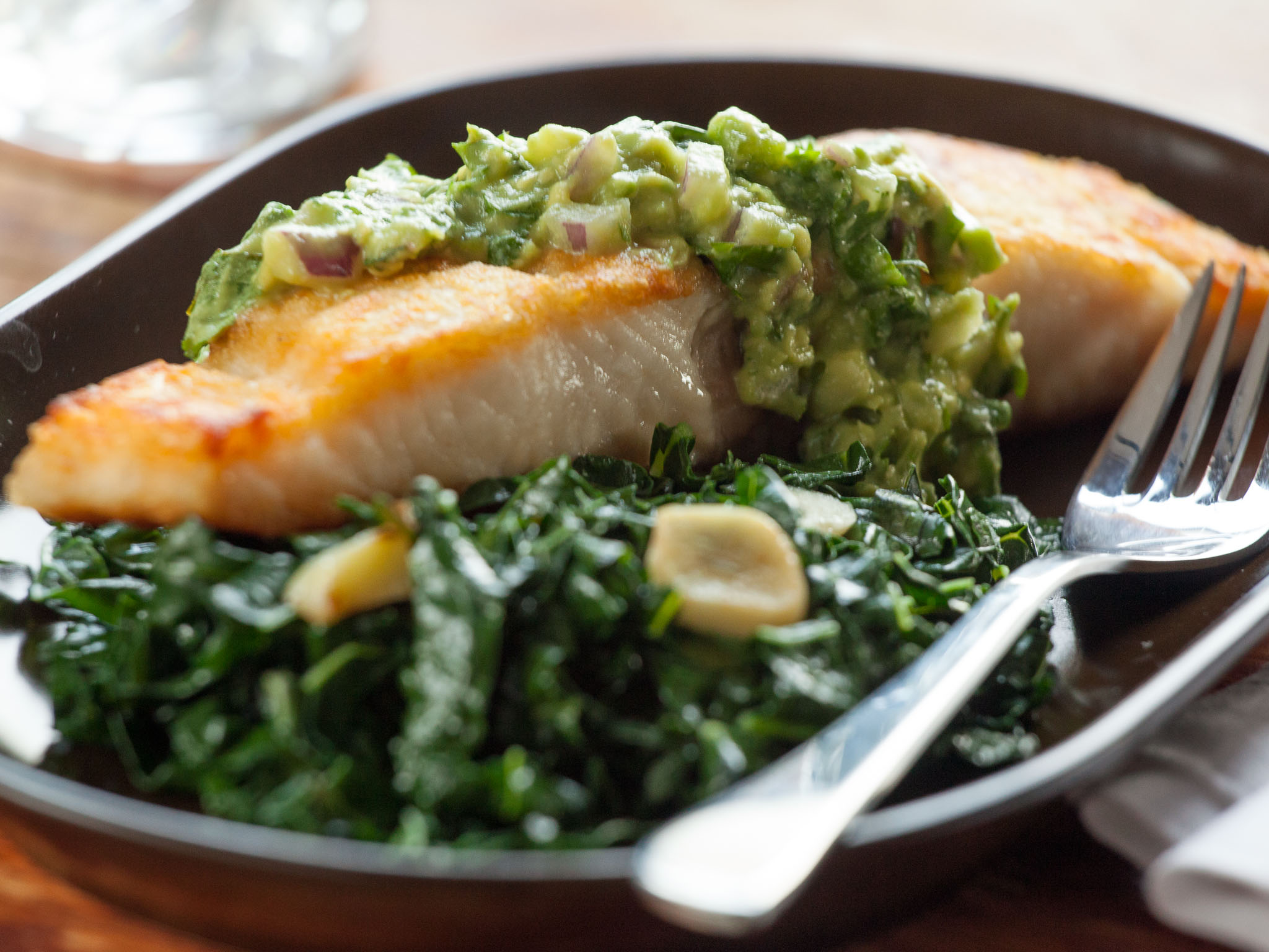 Recipe: Pan-Seared Paiche with Spicy Avocado Sauce and Greens | Whole ...